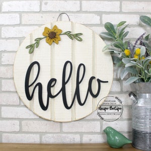 Hello Door Sign, Front Door Decor, Round Door Hanger, Mustard Wall ...