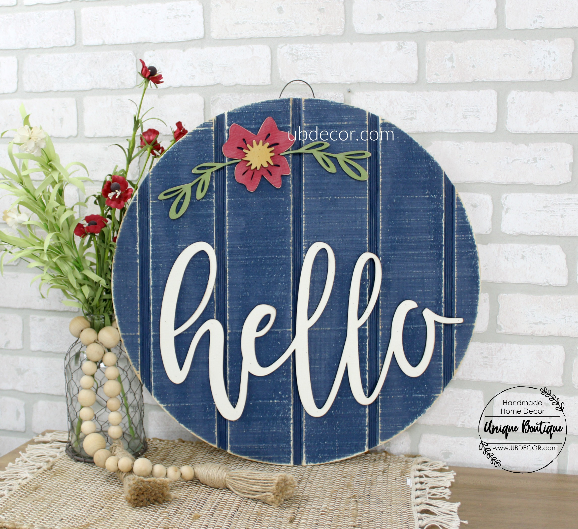Round Door Sign Hello Door Hanger Navy Red Floral Door | Etsy