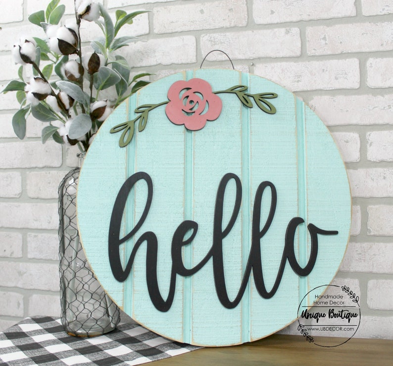 Hello Sign for Front Door Teal Blush Pink Flower Door Hanger - Etsy
