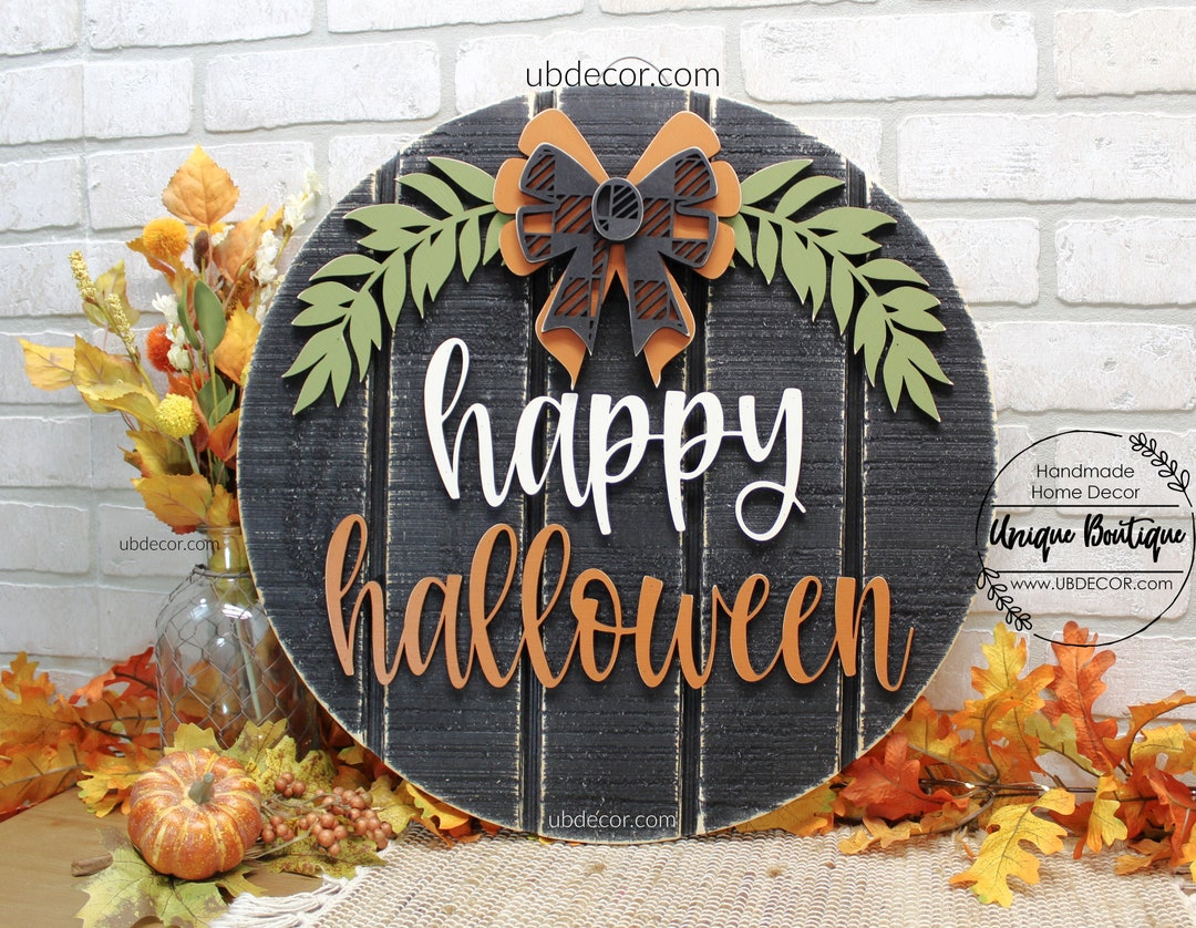 Happy Halloween Door Hanger, Rustic Fall Door Sign, Buffalo Plaid Bow ...