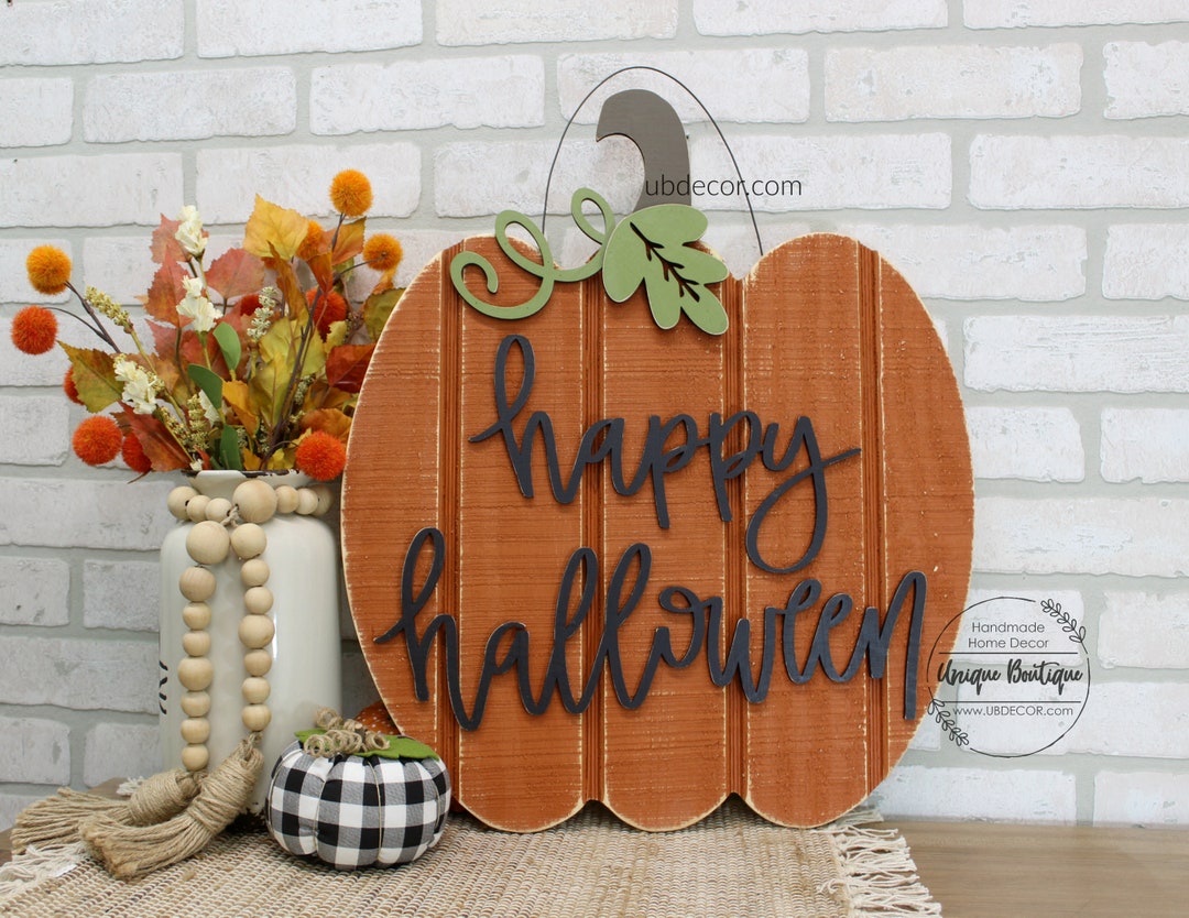 Happy Halloween Pumpkin Door Hanger, Fall Door Sign, Rustic Wood Sign ...