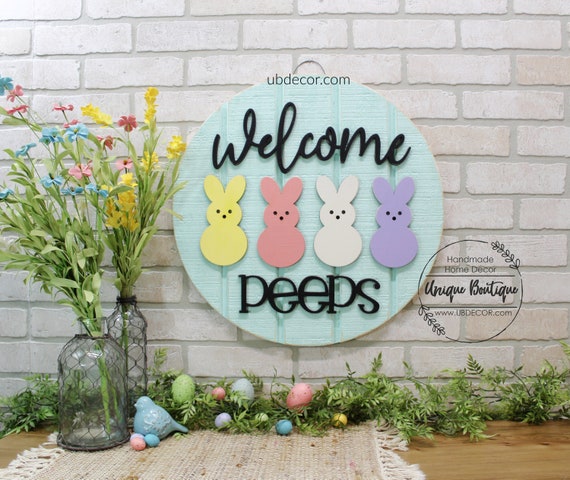 Welcome Peeps Sign Happy Easter Bunny Door Decor Spring Door | Etsy
