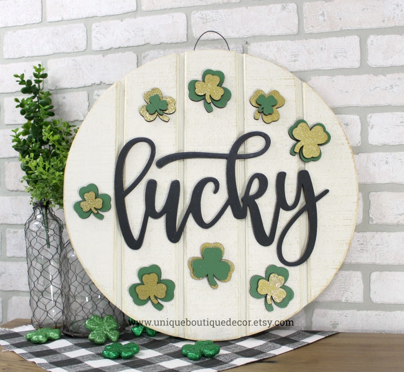 Lucky Door Sign St Patricks Day Door Hanger Green Gold Etsy