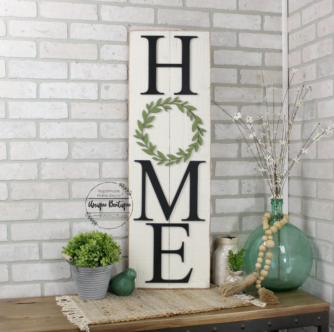 Vertical HOME Sign, Boxwood Wreath Sign, Shiplap Sign, Home Sign With ...