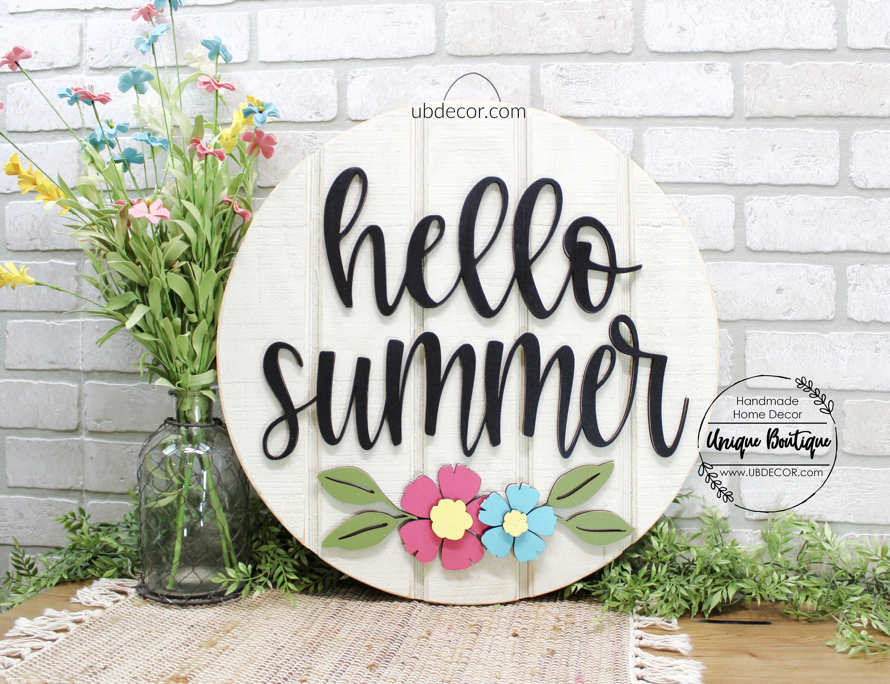 Hello Summer Door Hanger With Pink Flower Rustic Shiplap | Etsy