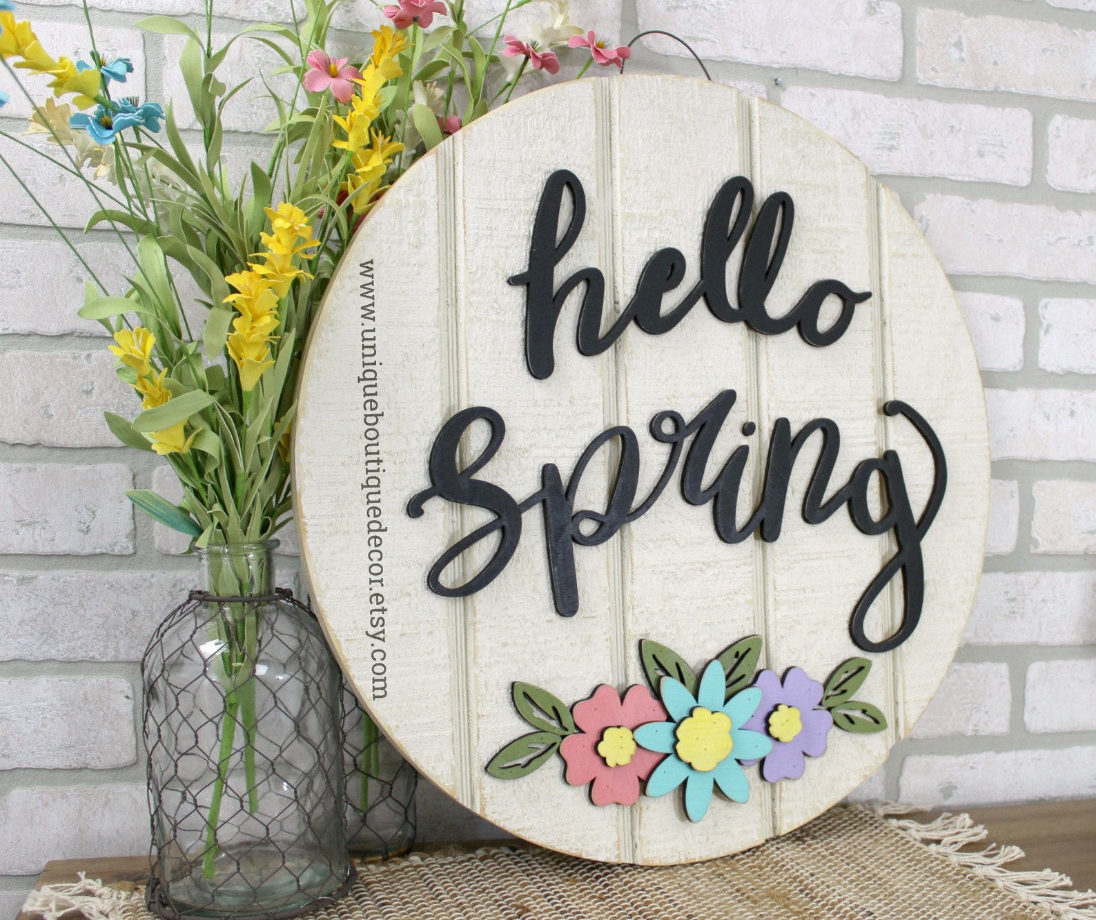 Hello Spring Door Hanger With Flowers Shiplap Sign Front | Etsy