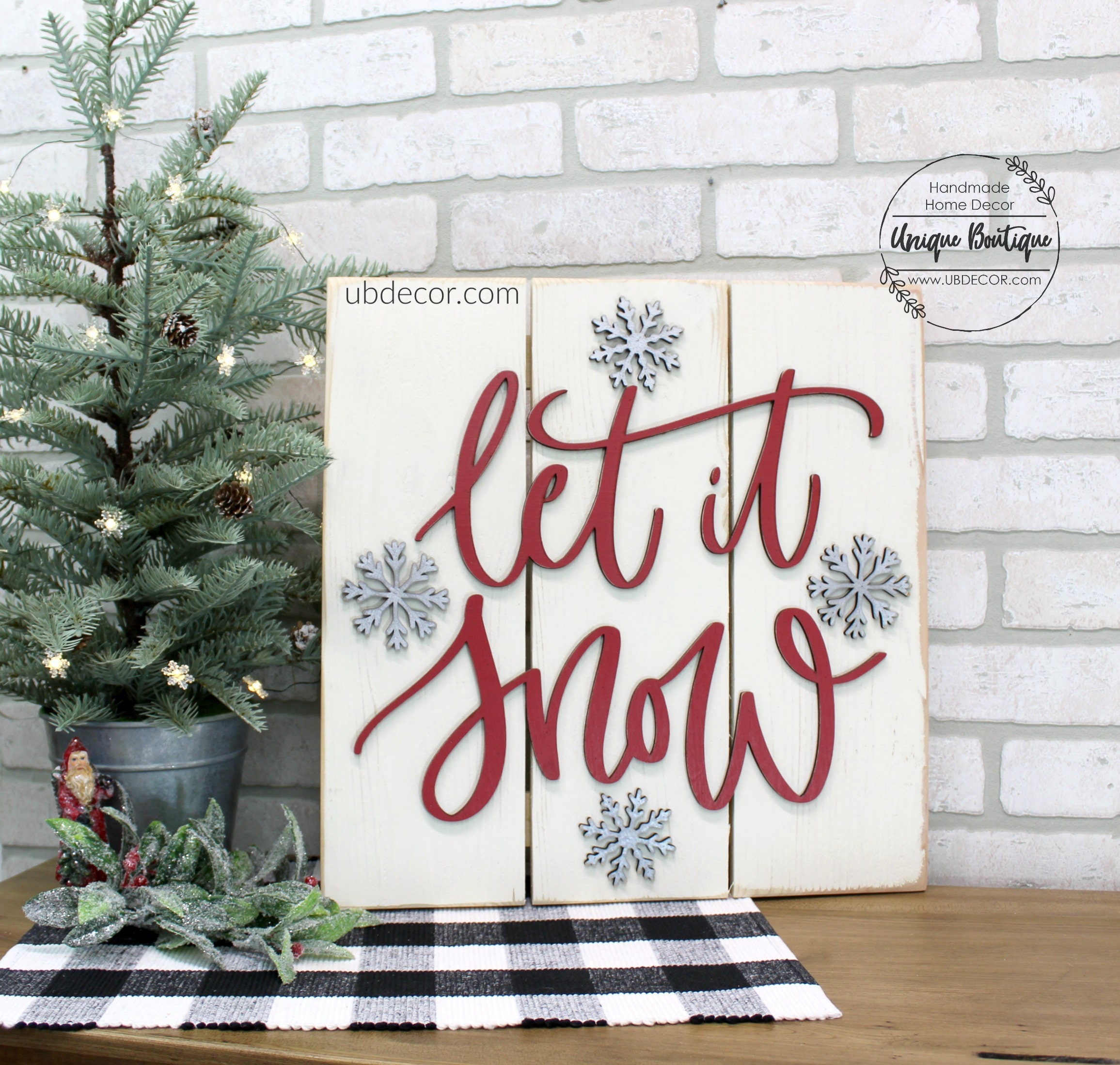 Let It Snow Christmas Winter Sign Red Silver Snowflakes Wood | Etsy