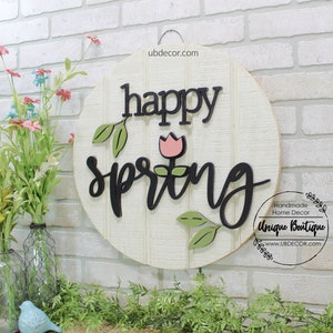 Spring Wreath for Front Door, Happy Spring Door Hanger, Pink Tulip ...