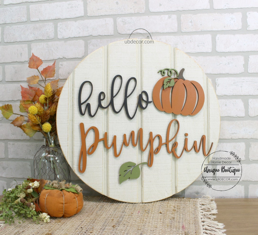 Hello Pumpkin Door Sign Front Door Decor Fall Door Hanger Hello Fall Sign Rustic Wood