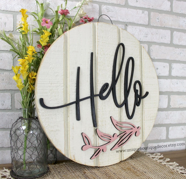 Hello Sign, Modern Door Decor, Blush Pink Flourish, Front Door Sign ...