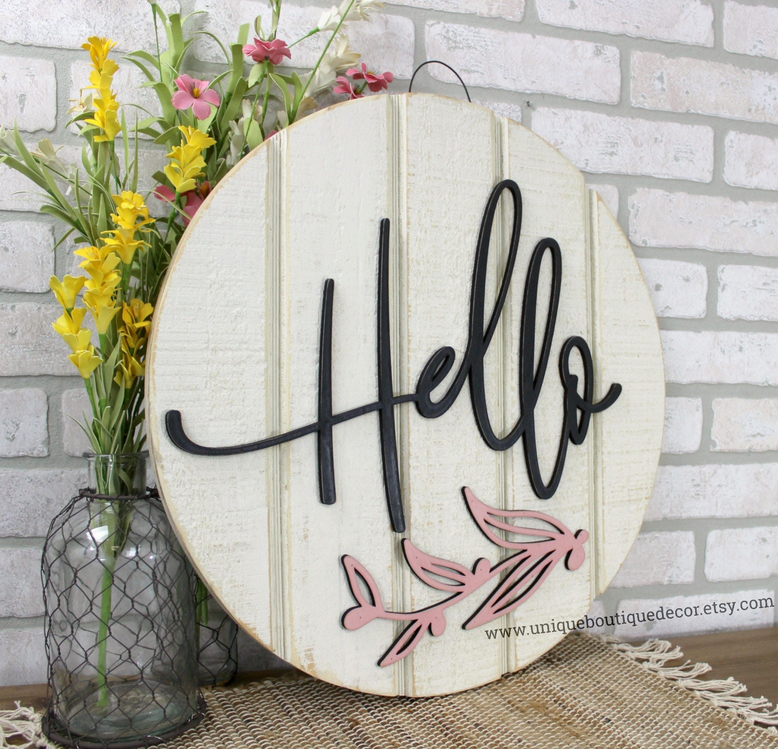 Hello Sign Modern Door Decor Blush Pink Flourish Front Door | Etsy