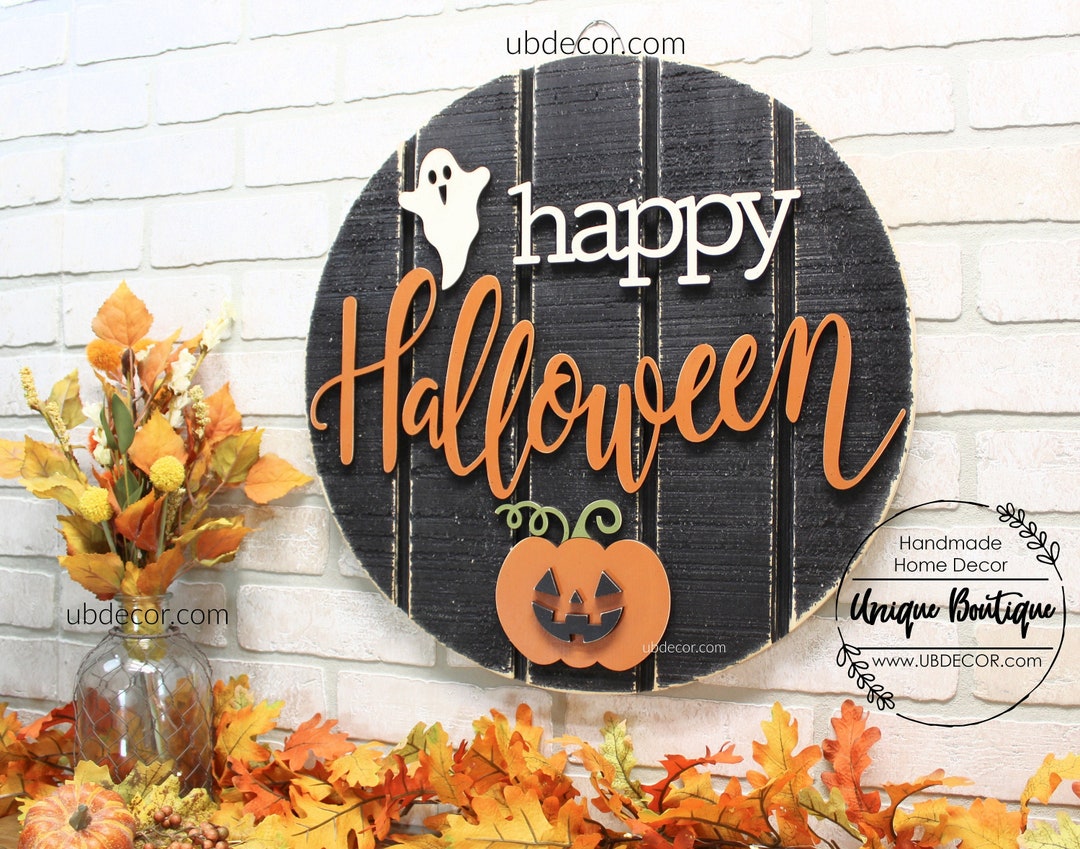 Happy Halloween Door Hanger, Rustic Fall Door Sign, Pumpkin Ghost, Wood ...