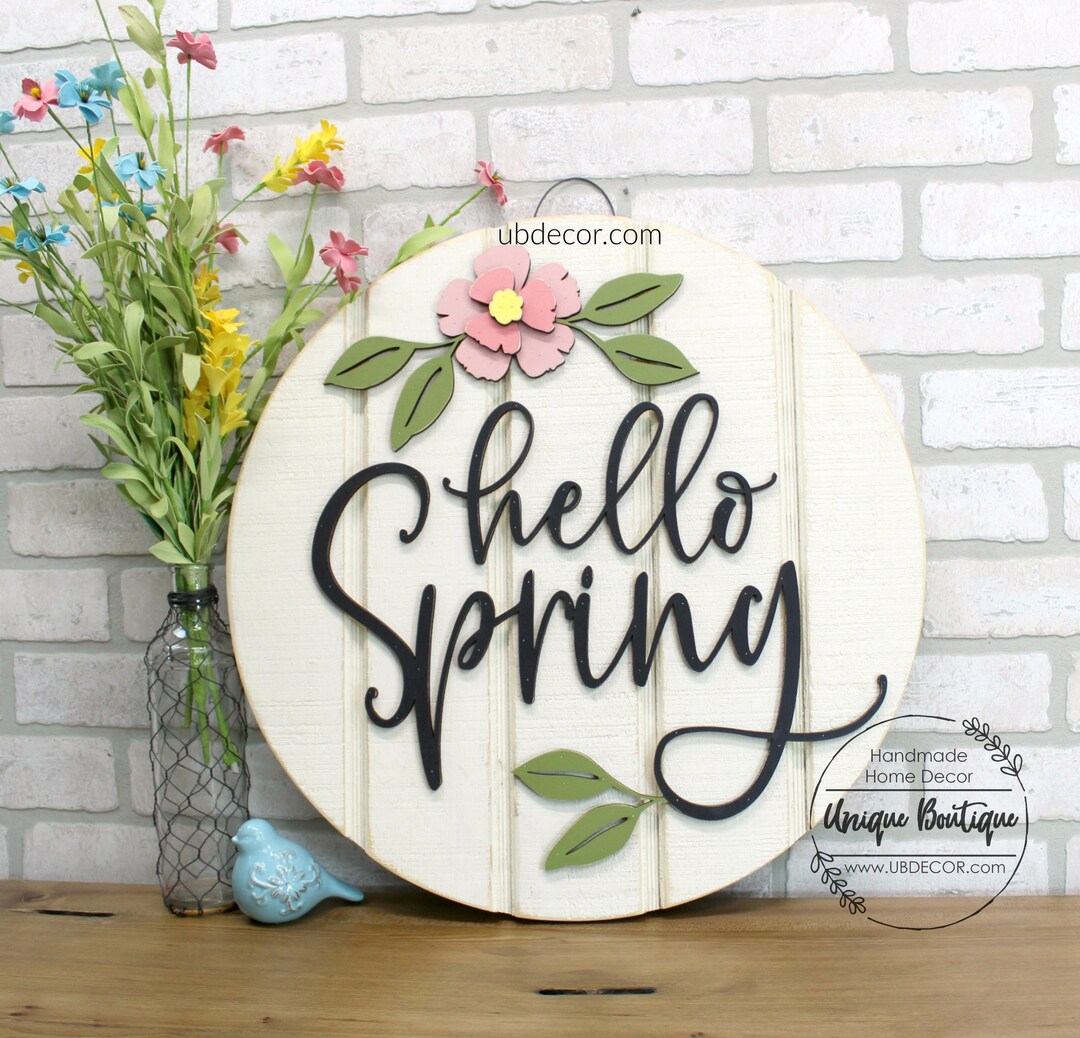 Hello Spring Door Hanger With Blush Pink Flower, Rustic Shiplap Front ...