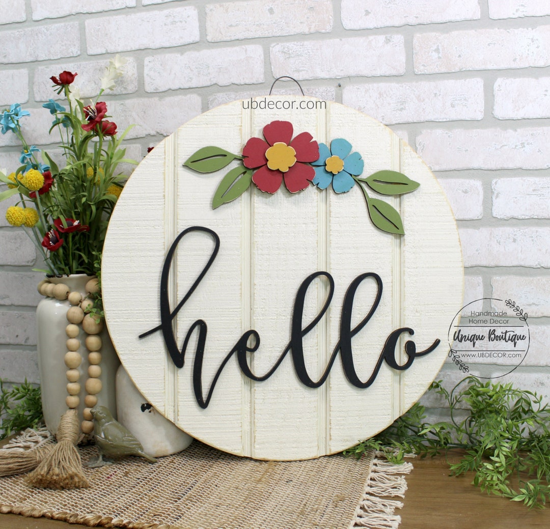 Hello Sign for Front Door, Front Door Decor, Door Hanger, Round Wood ...