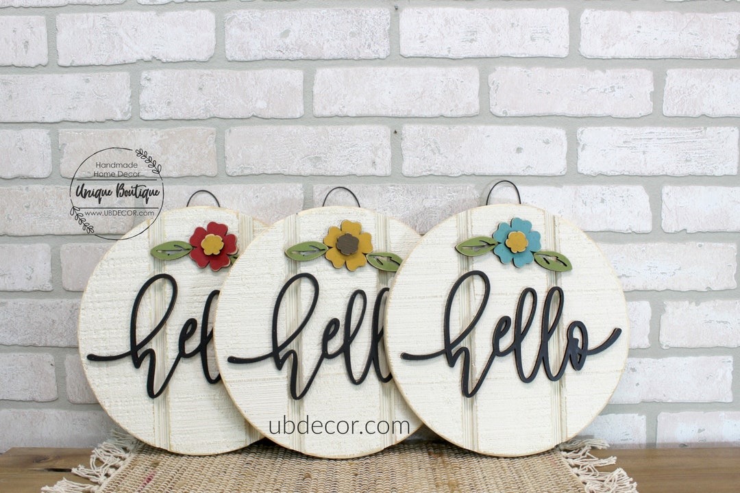 Mini Hello Sign, 11" Small Wood Shiplap Sign, Blue Red Mustard Flower ...
