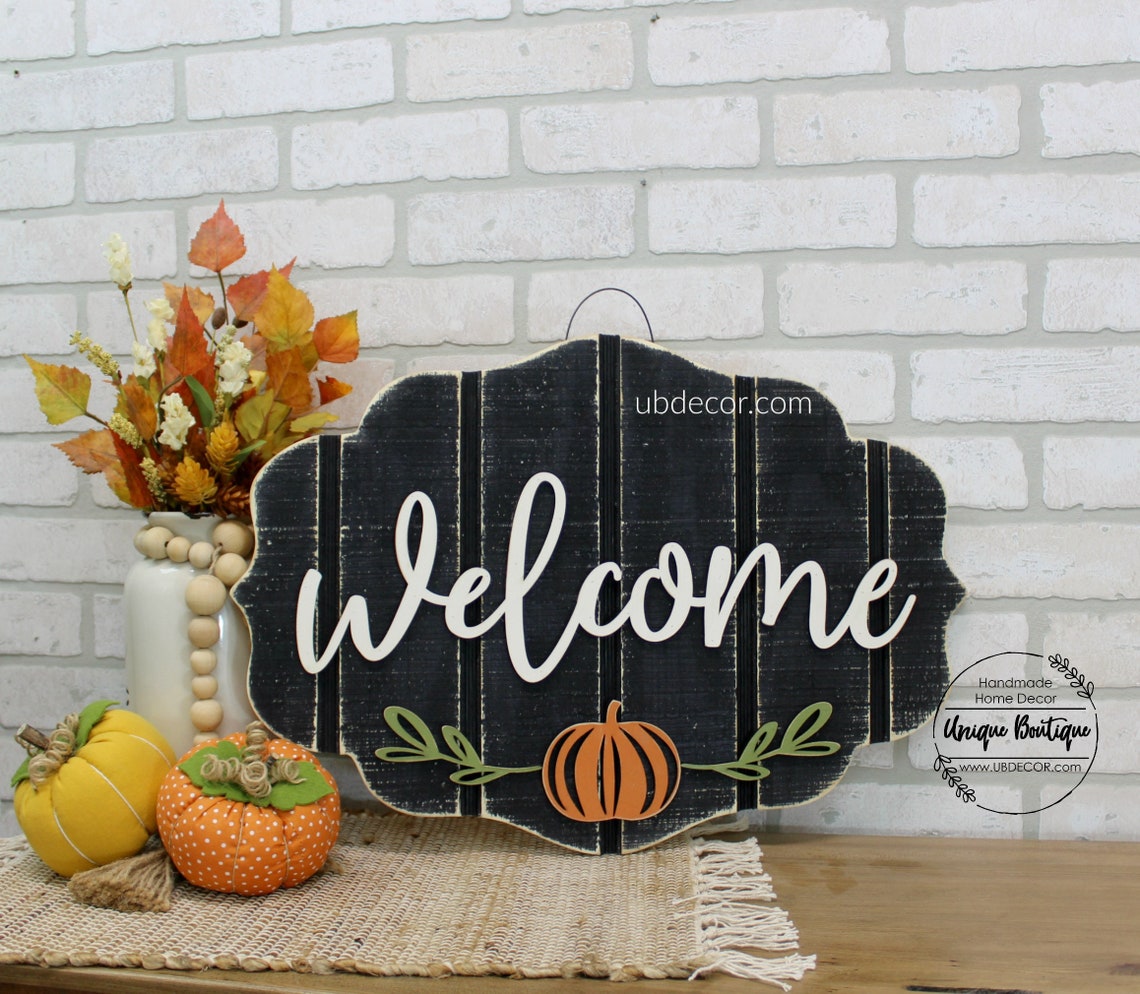 Welcome Pumpkin Door Sign Rustic Autumn Decor Fall Door - Etsy