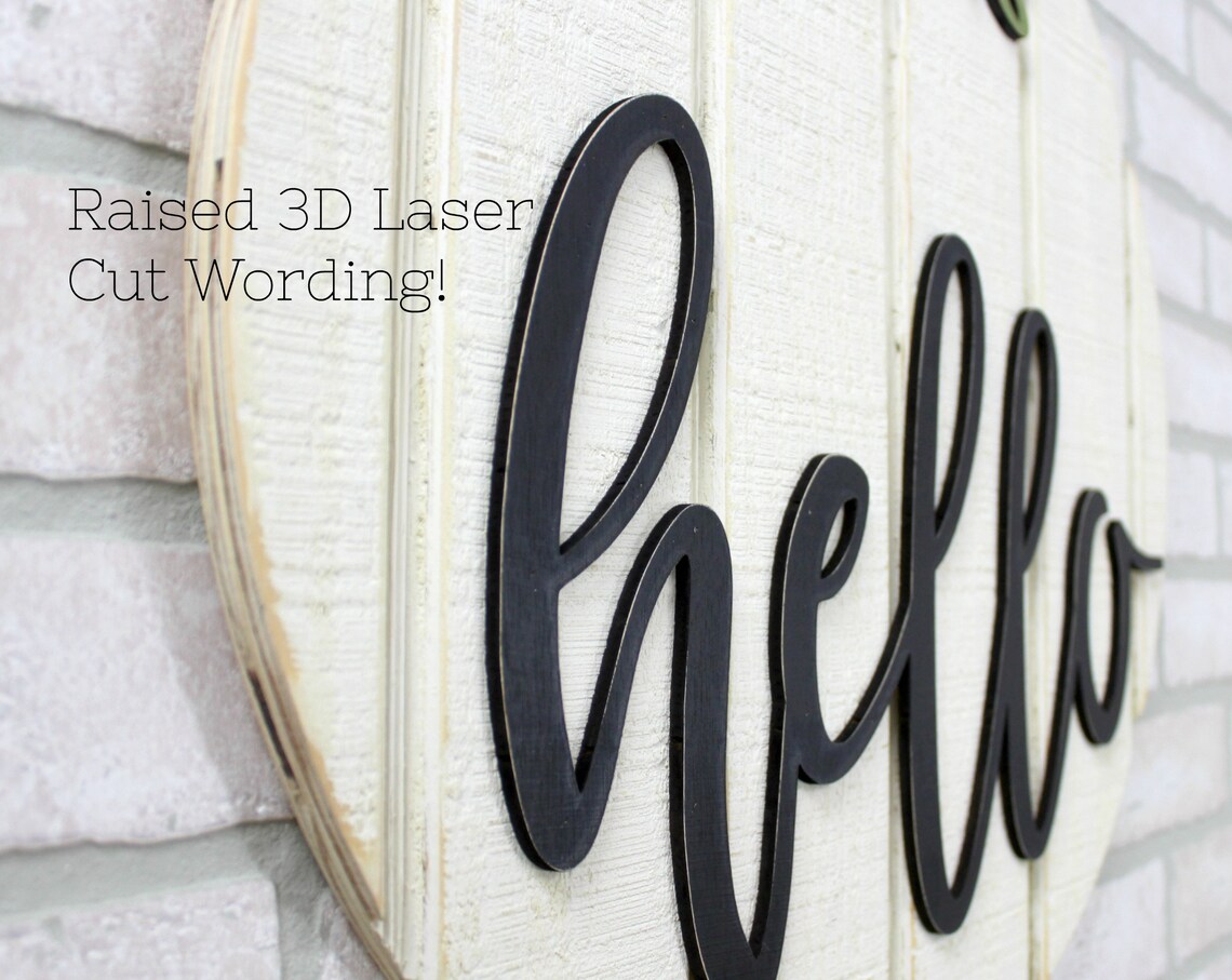 Hello Door Sign, Front Door Decor, Round Door Hanger, Mustard Wall ...
