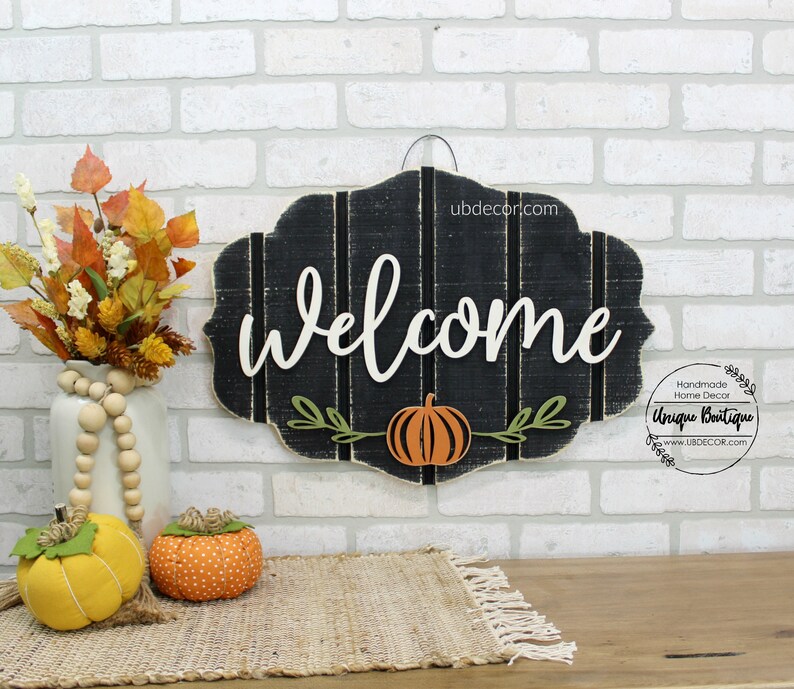 Welcome Pumpkin Door Sign, Rustic Autumn Decor, Fall Door Hanger ...