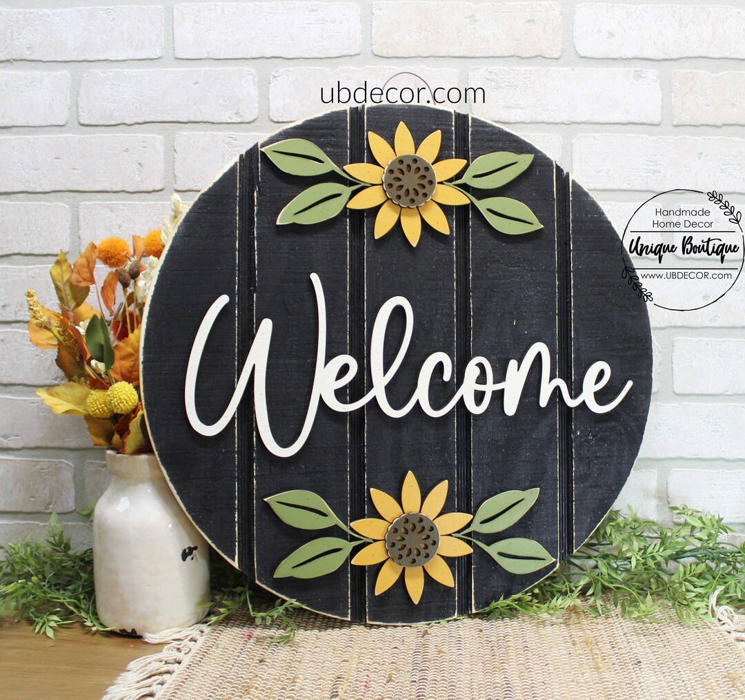 Sunflower Door Hanger, Welcome Door Sign, Rustic Fall Decor, Round Wood ...