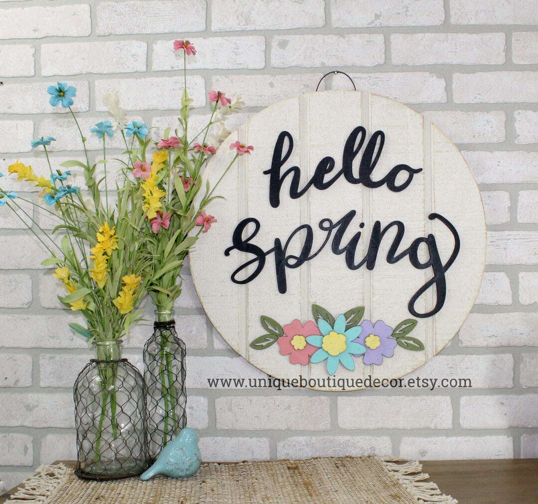 Hello Spring Door Hanger With Flowers, Shiplap Sign, Front Door Sign ...