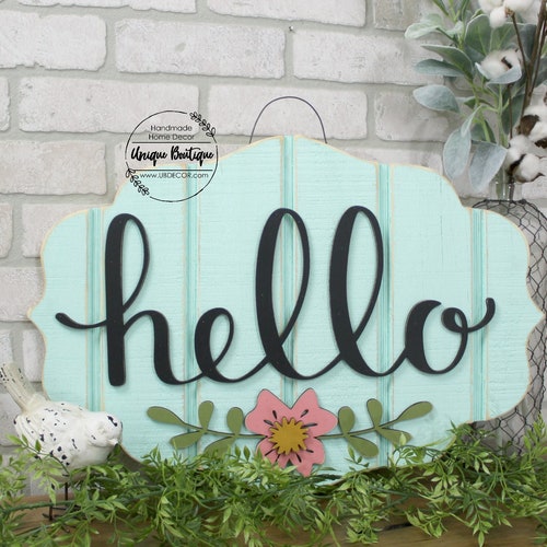 Hello Door Hanger Shiplap Door Sign Teal Pink Spring Door - Etsy