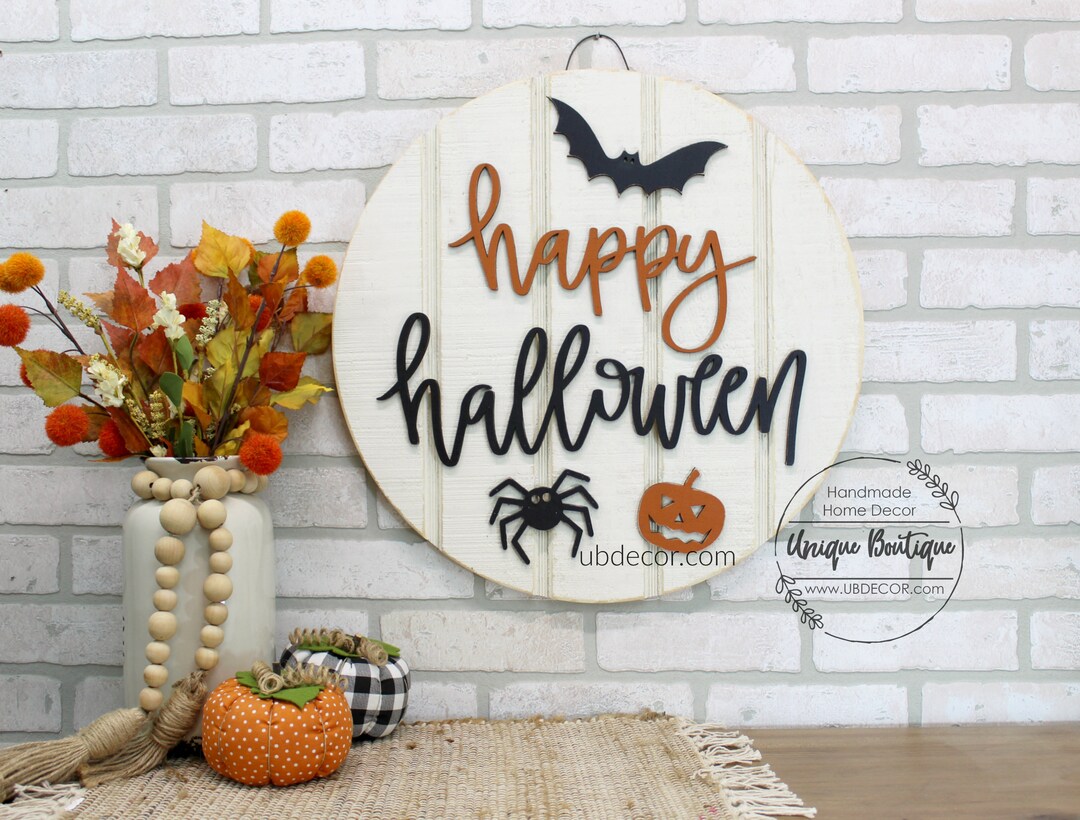 Happy Halloween Door Hanger, Rustic Fall Door Sign, Pumpkin Spider Bat ...