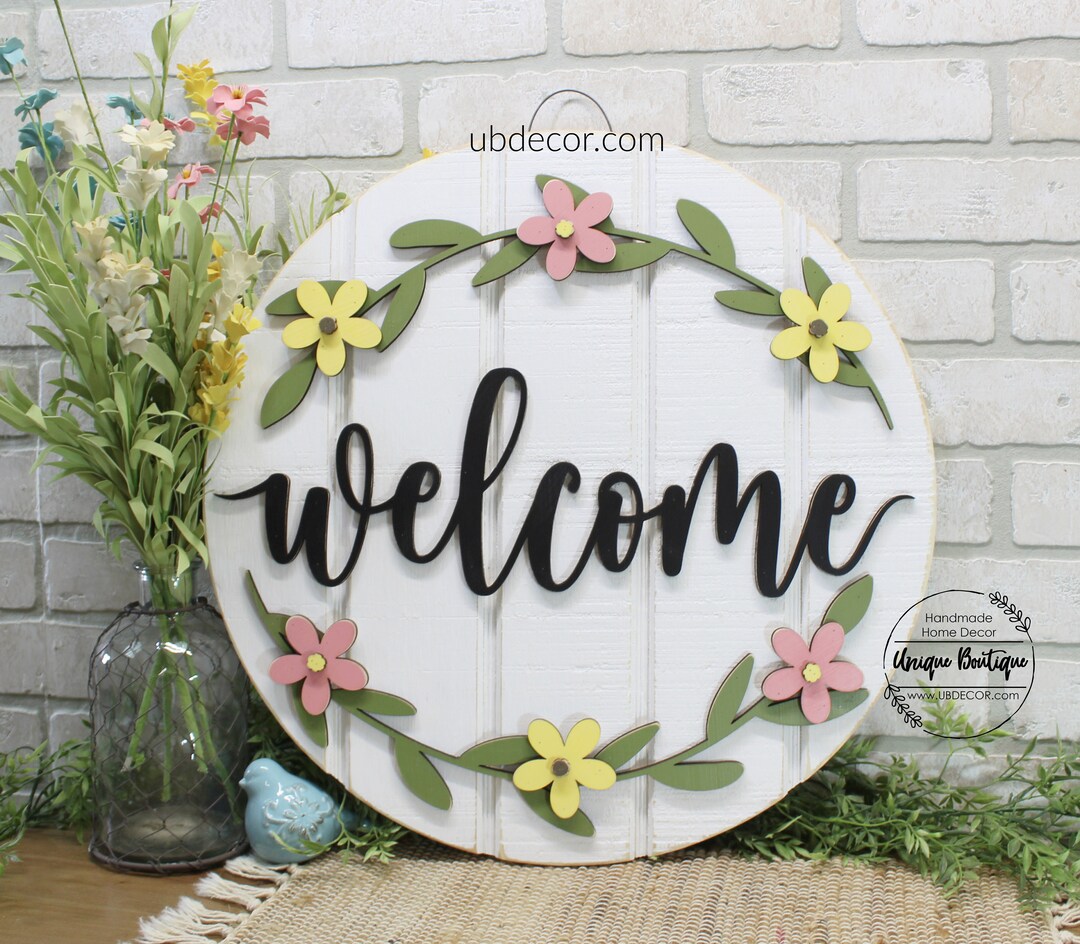 Spring Door Hanger With Flowers, Front Door Decor, Welcome Sign for ...