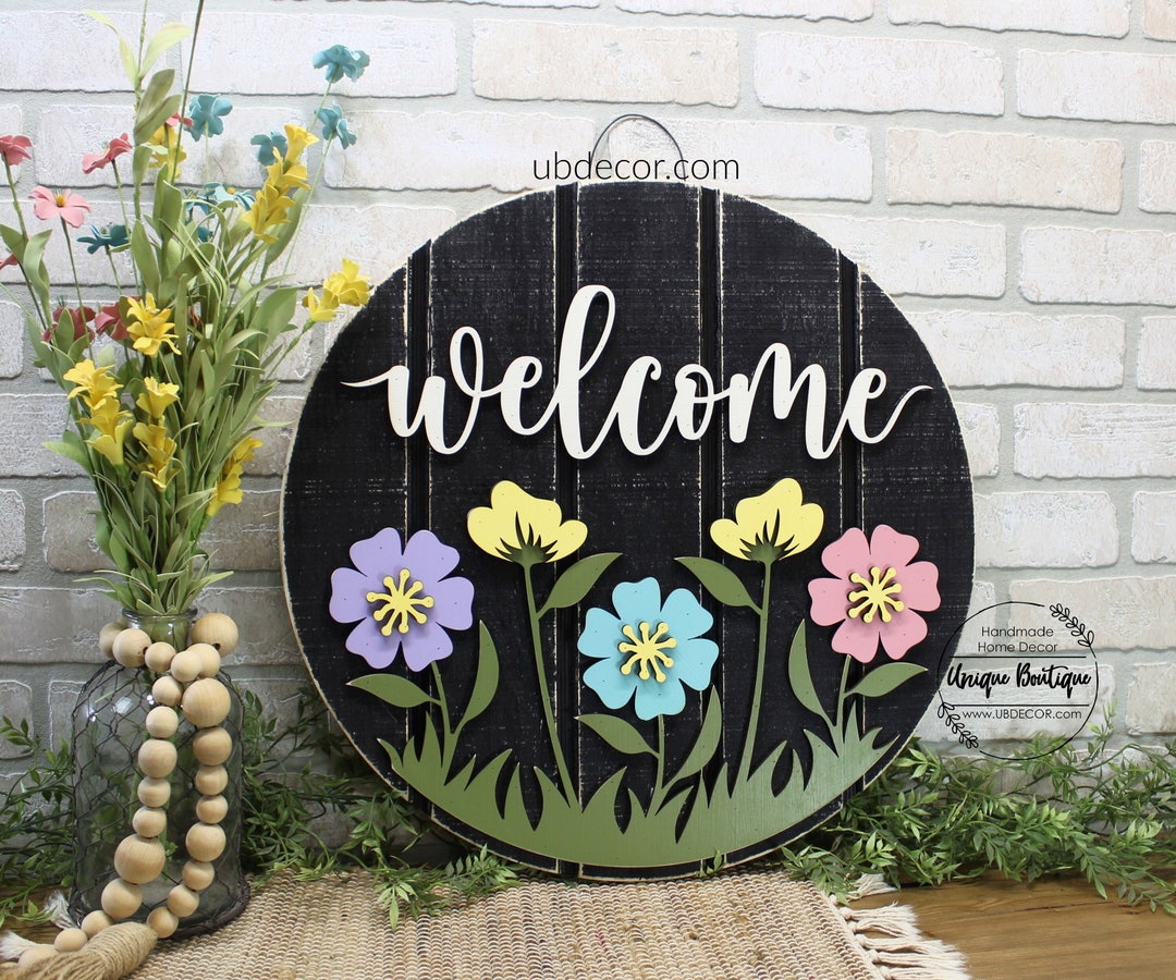 Summer Door Hanger With Flowers, Front Door Decor, Welcome Sign for ...