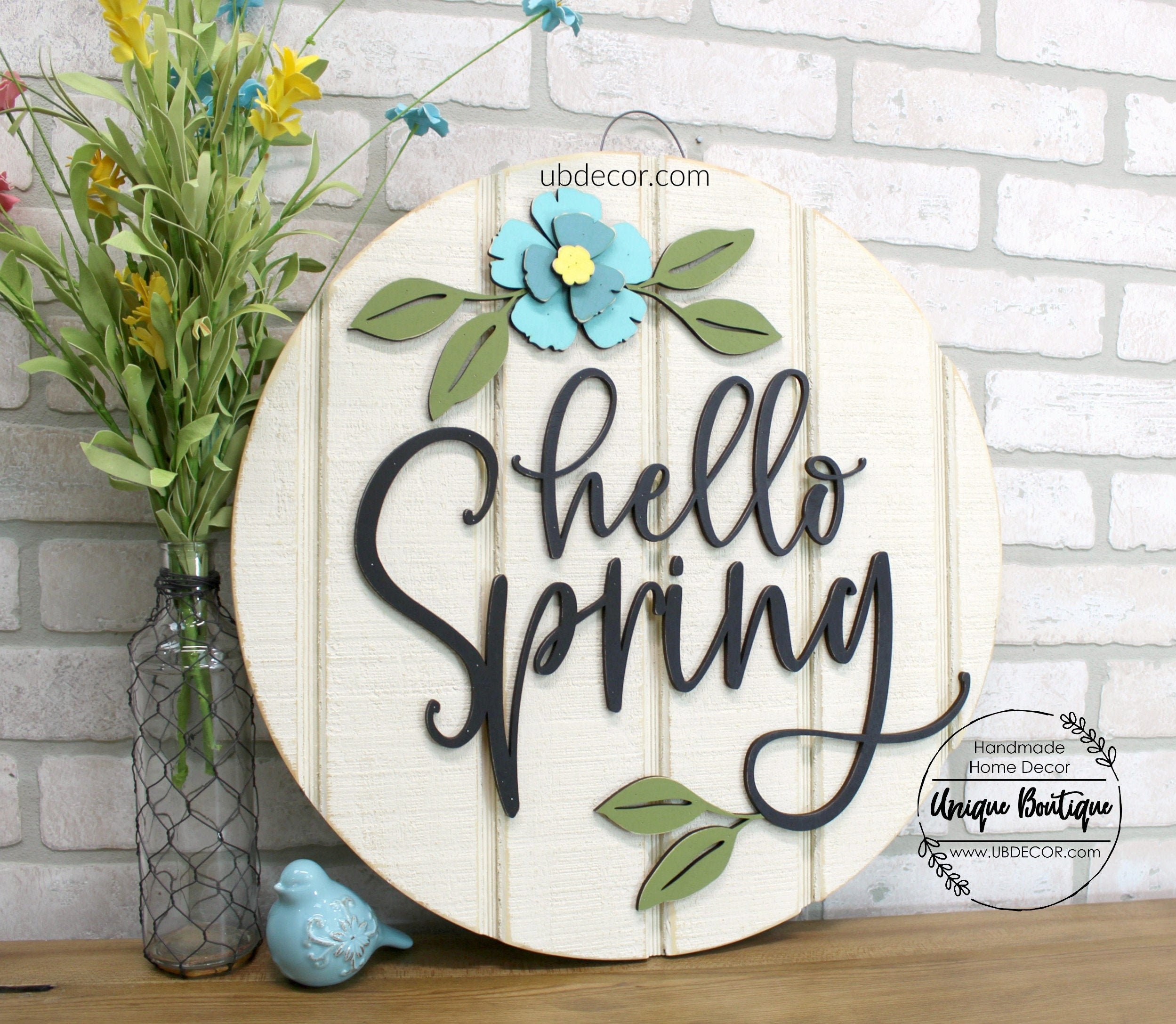 Hello Spring Door Hanger With Teal Blue Flower Rustic Shiplap | Etsy