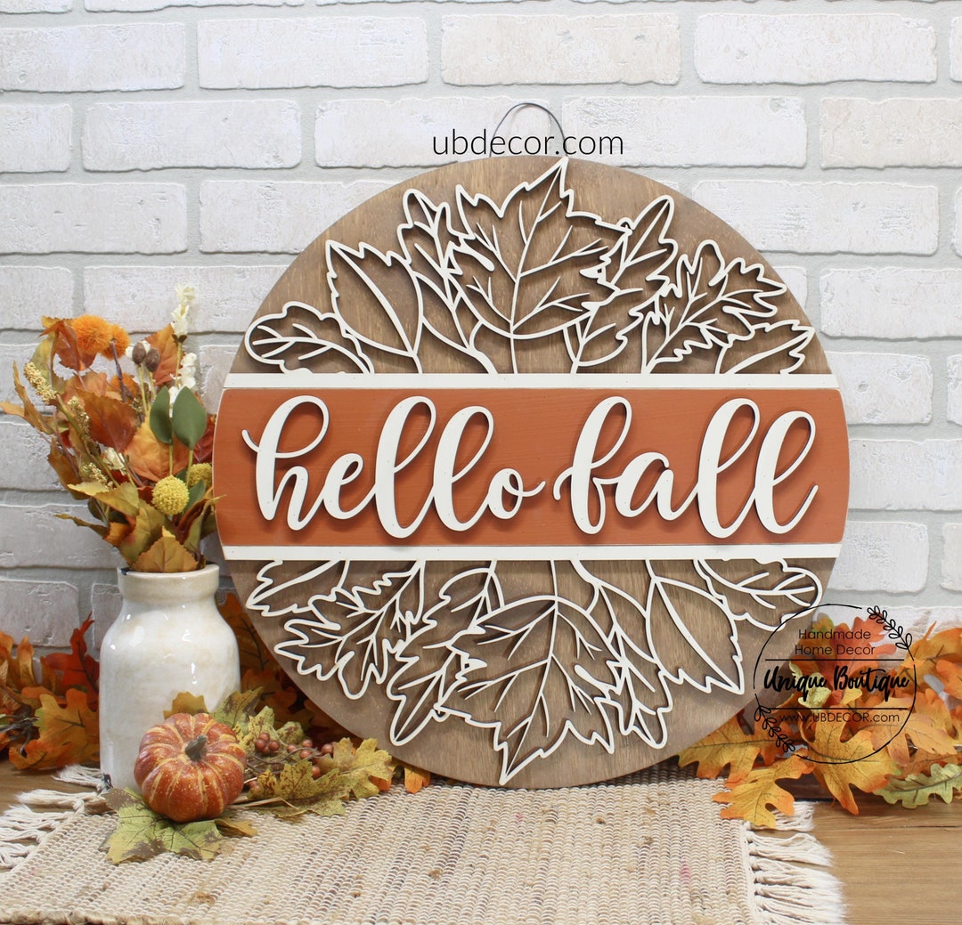 Front Door Decor, Hello Fall Door Sign, Fall Door Hanger, Autumn Leaves ...