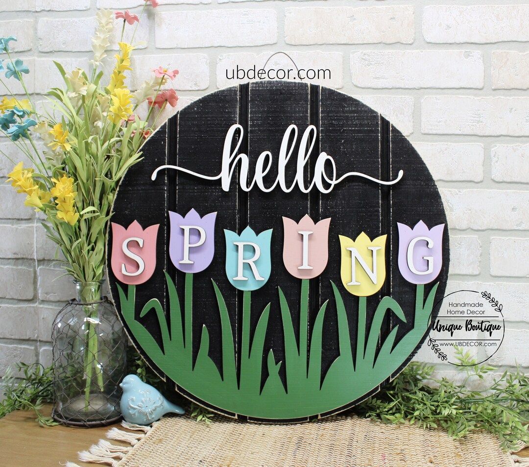 Spring Tulips Wreath, Hello Spring Door Hanger, Front Door Decor ...