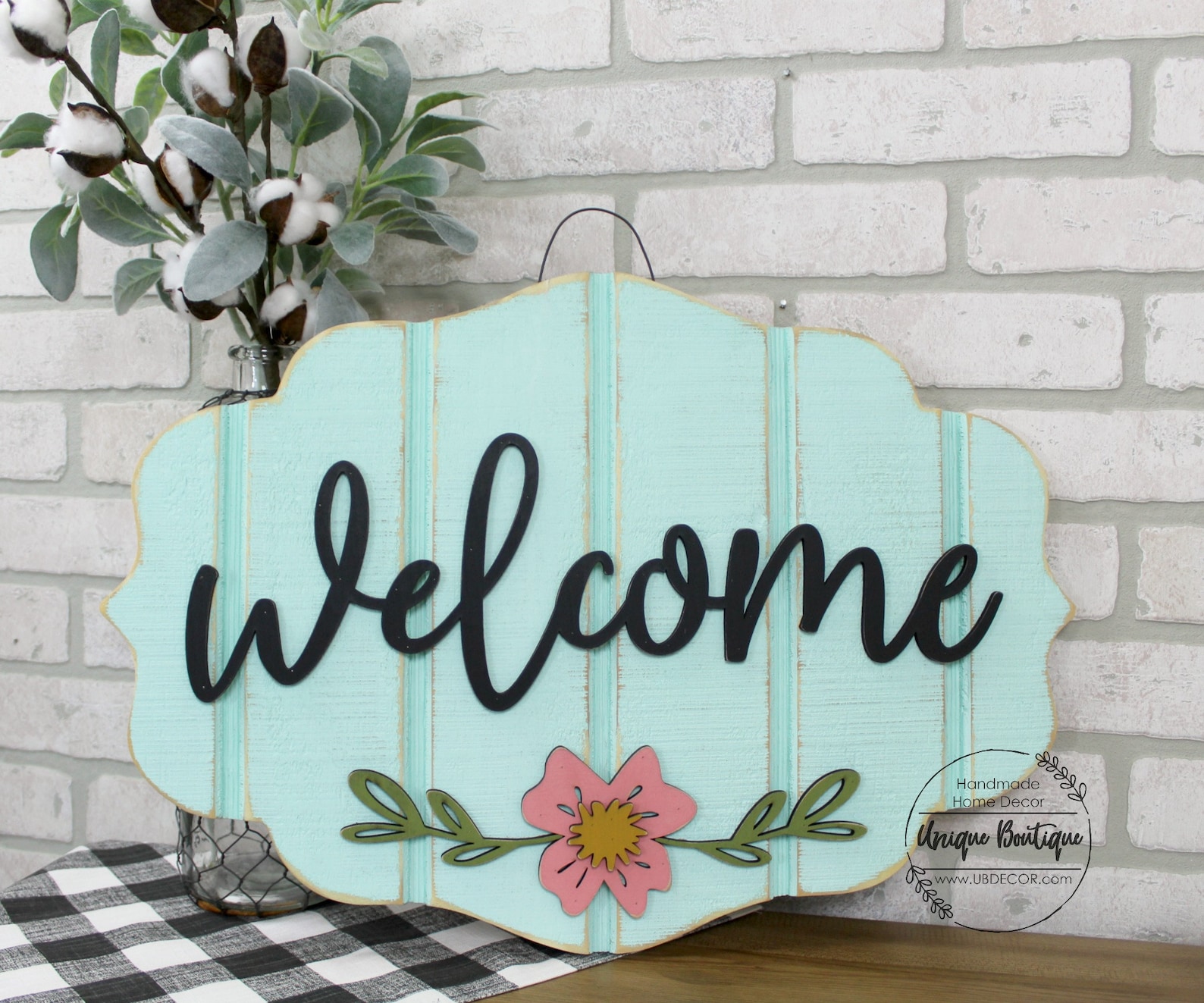 Teal Welcome Sign With Pink Flower Modern Door Wreath Wood - Etsy