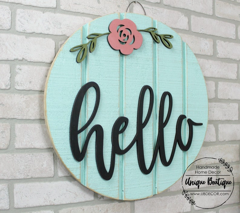 Hello Sign for Front Door Teal Blush Pink Flower Door Hanger - Etsy
