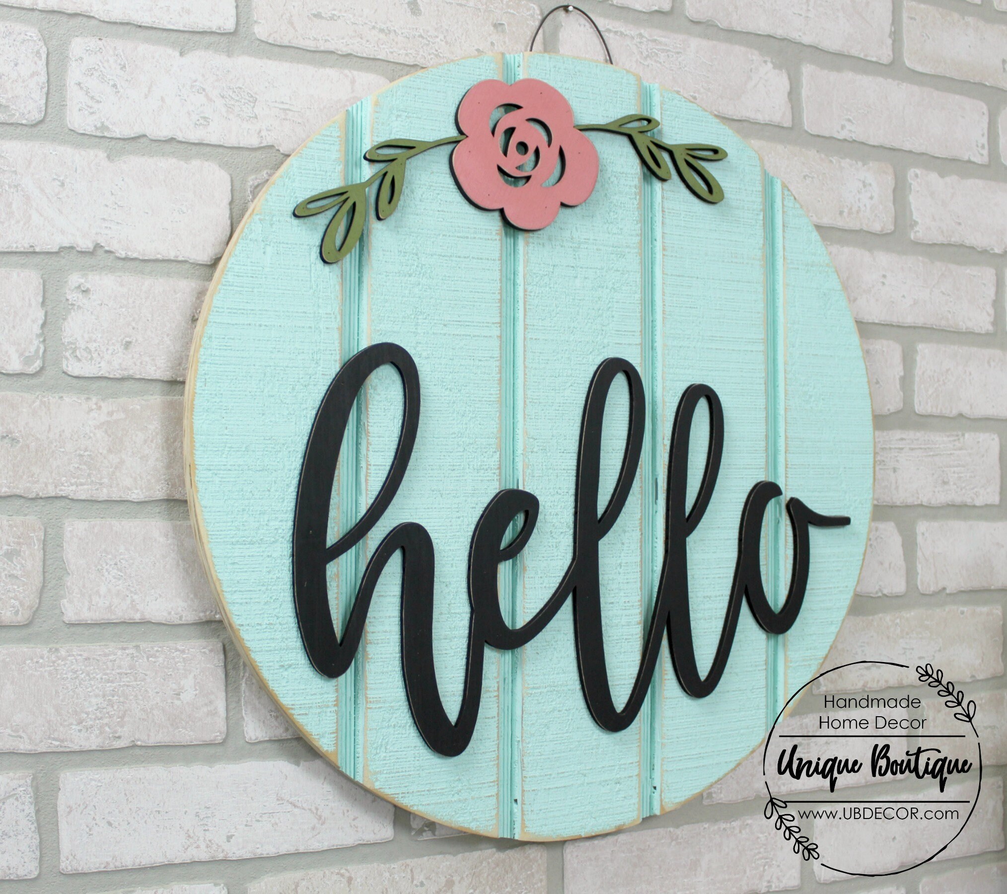 Hello Sign for Front Door, Teal Blush Pink Flower Door Hanger, Round ...