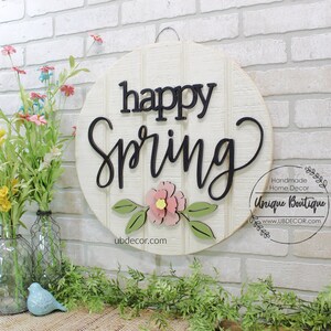 Happy Spring Door Hanger With Blush Pink Flower, Rustic Shiplap Front ...