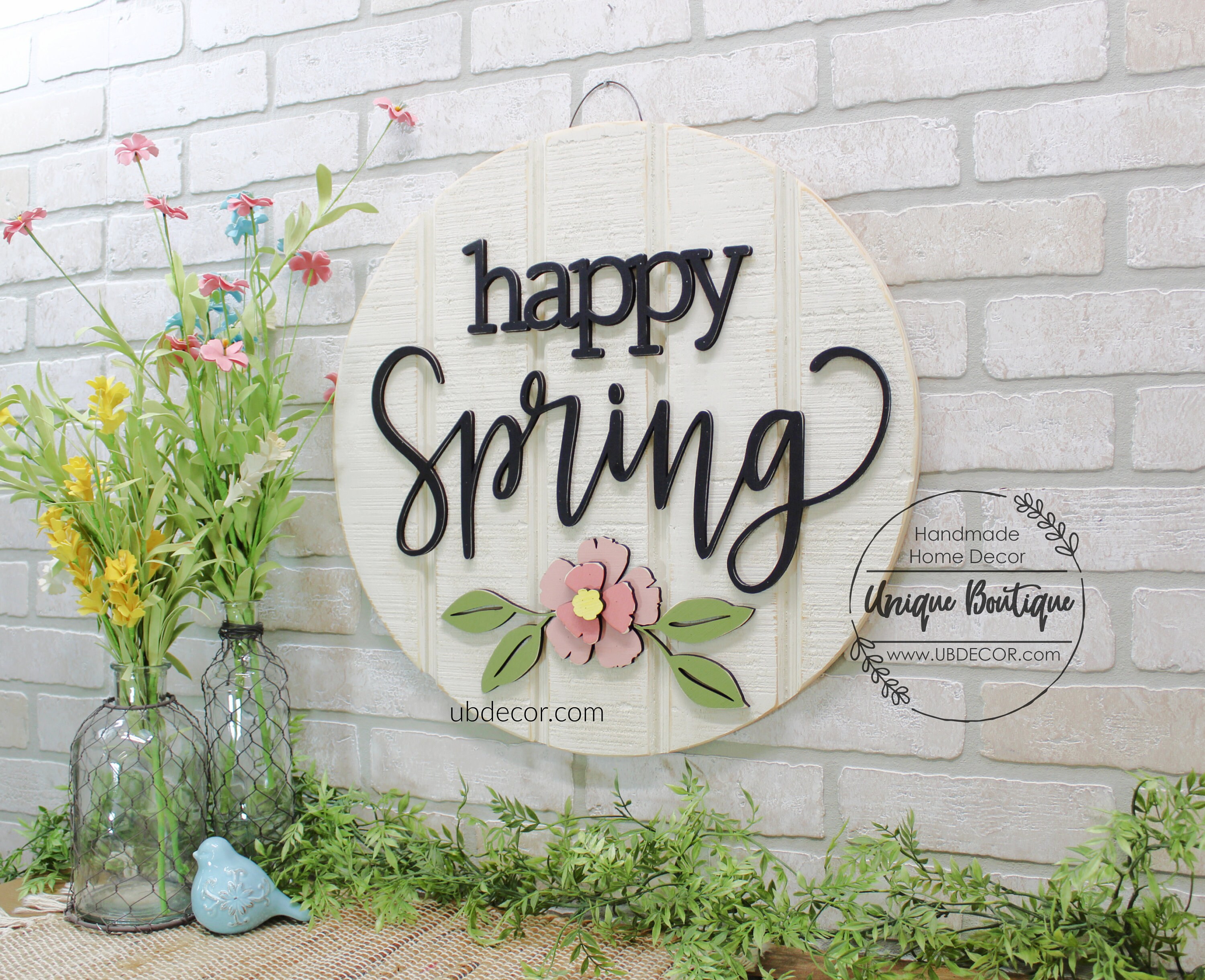 Happy Spring Door Hanger With Blush Pink Flower Rustic | Etsy