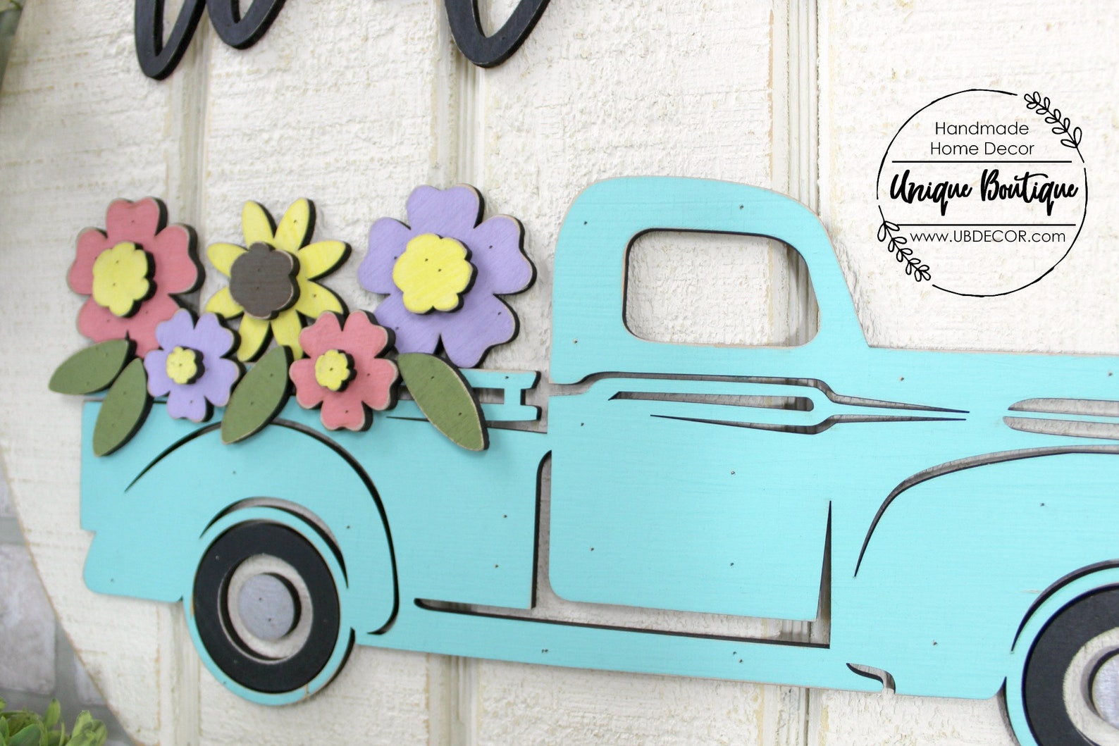 Spring Door Hanger Old Blue Truck With Flowers Sign Welcome - Etsy