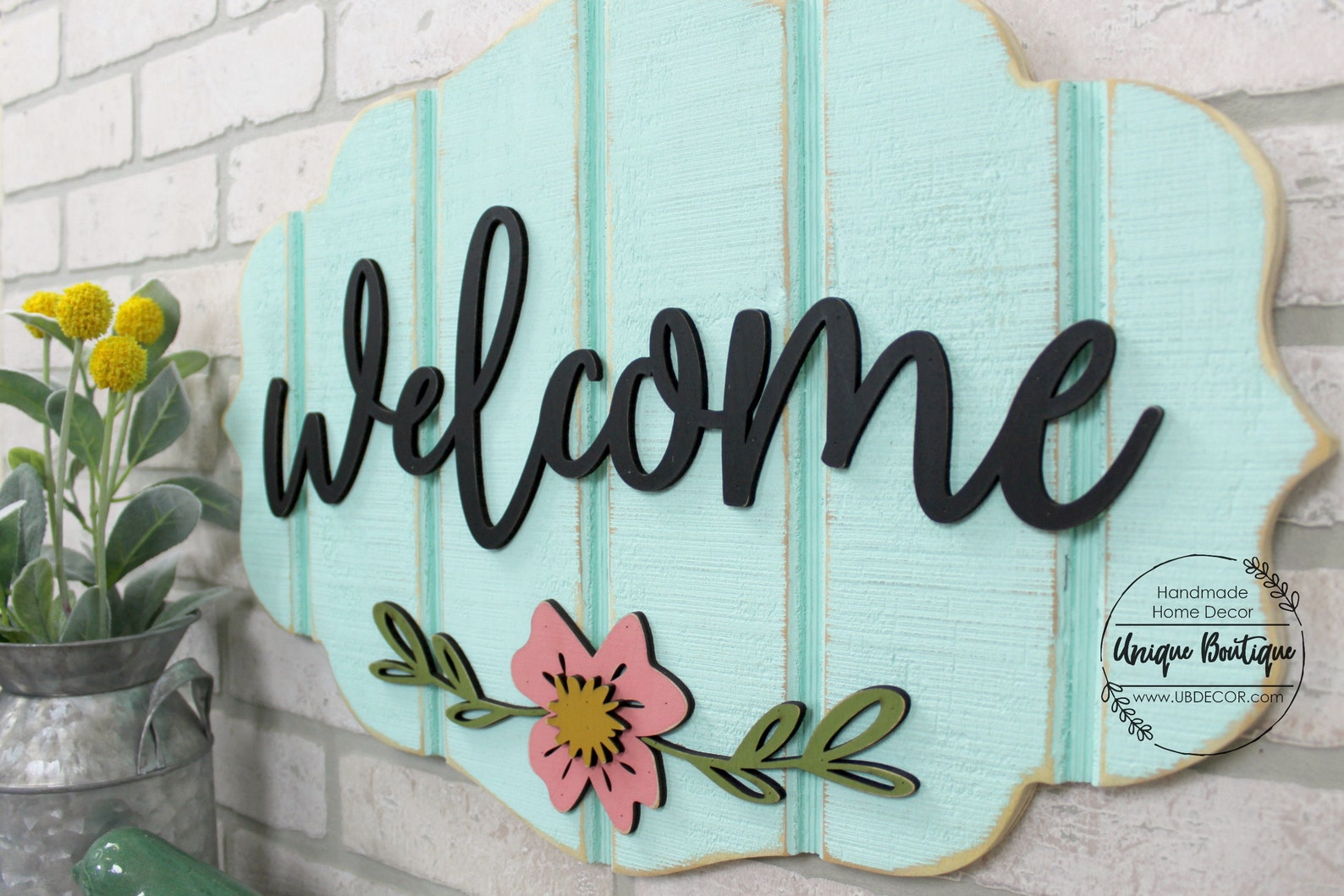 Teal Welcome Sign With Pink Flower Modern Door Wreath Wood - Etsy