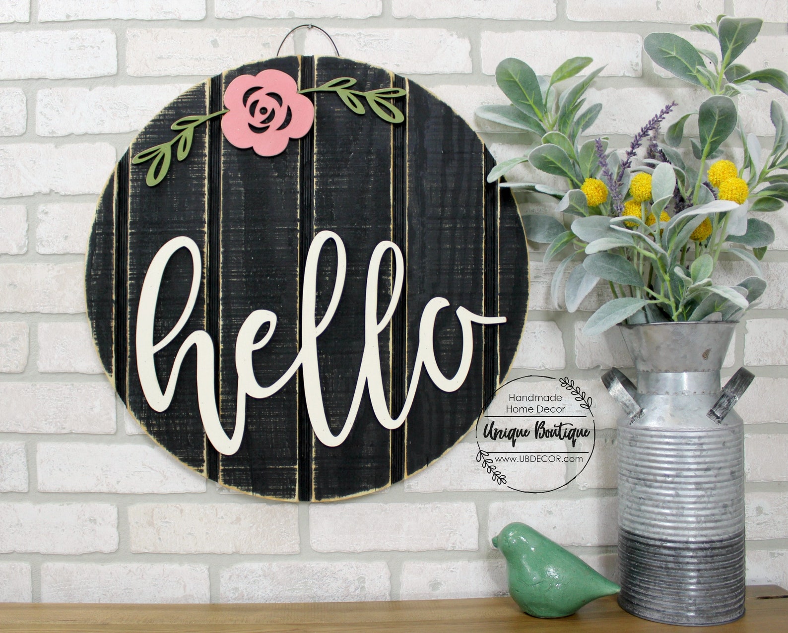 Hello Door Sign, Shiplap Sign, Black Blush Pink Flower, Wood Door ...