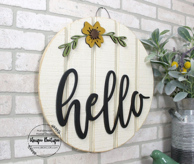 Hello Door Sign, Front Door Decor, Round Door Hanger, Mustard Wall ...