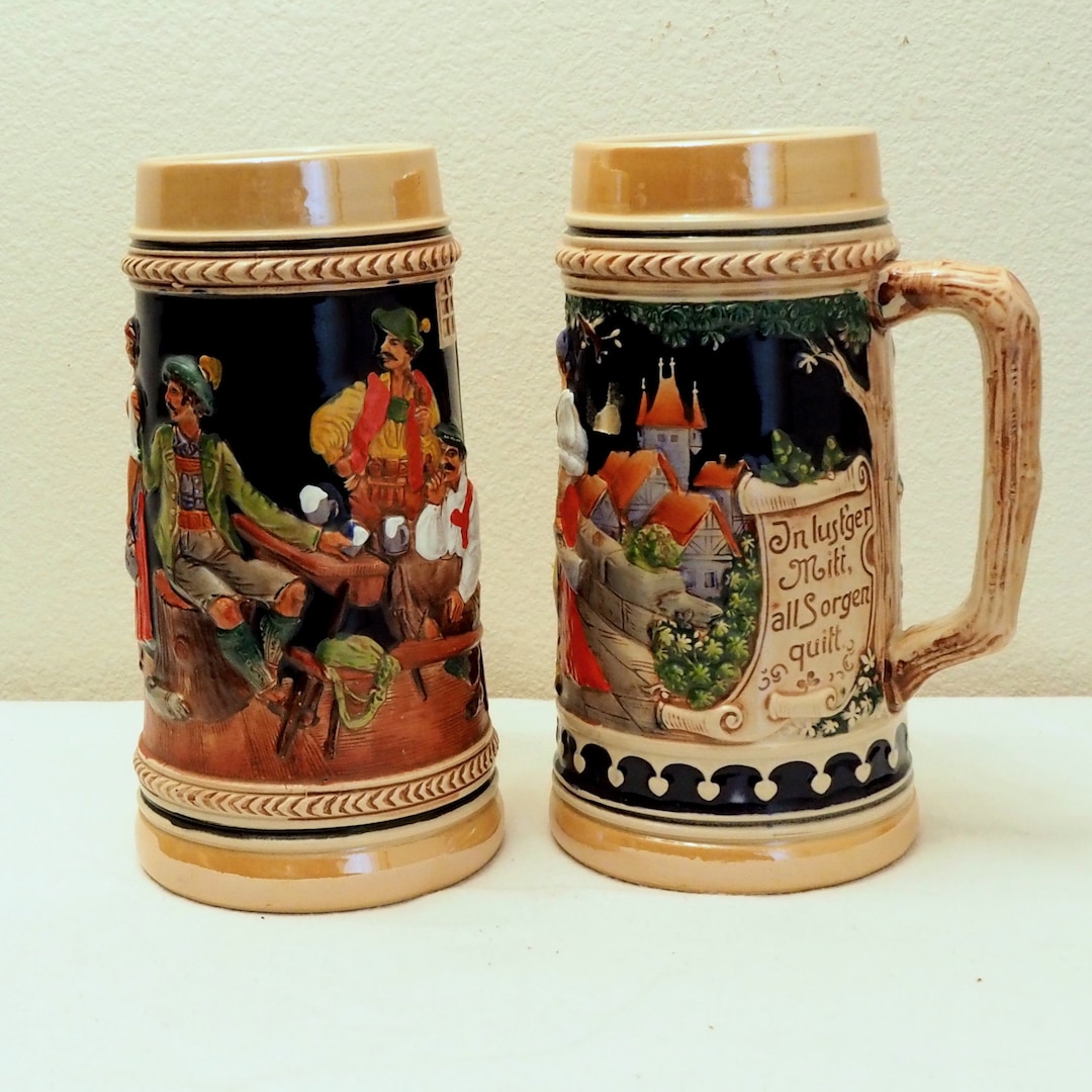 Pair of Authentic Large German Beer Steins Handmade Ceramic Mugs With ...