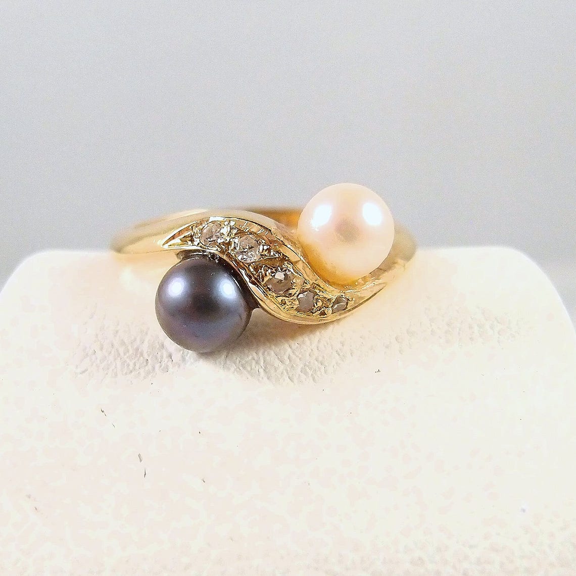 Beautiful Crossover Natural Diamond and Pearl Ring Stamped | Etsy