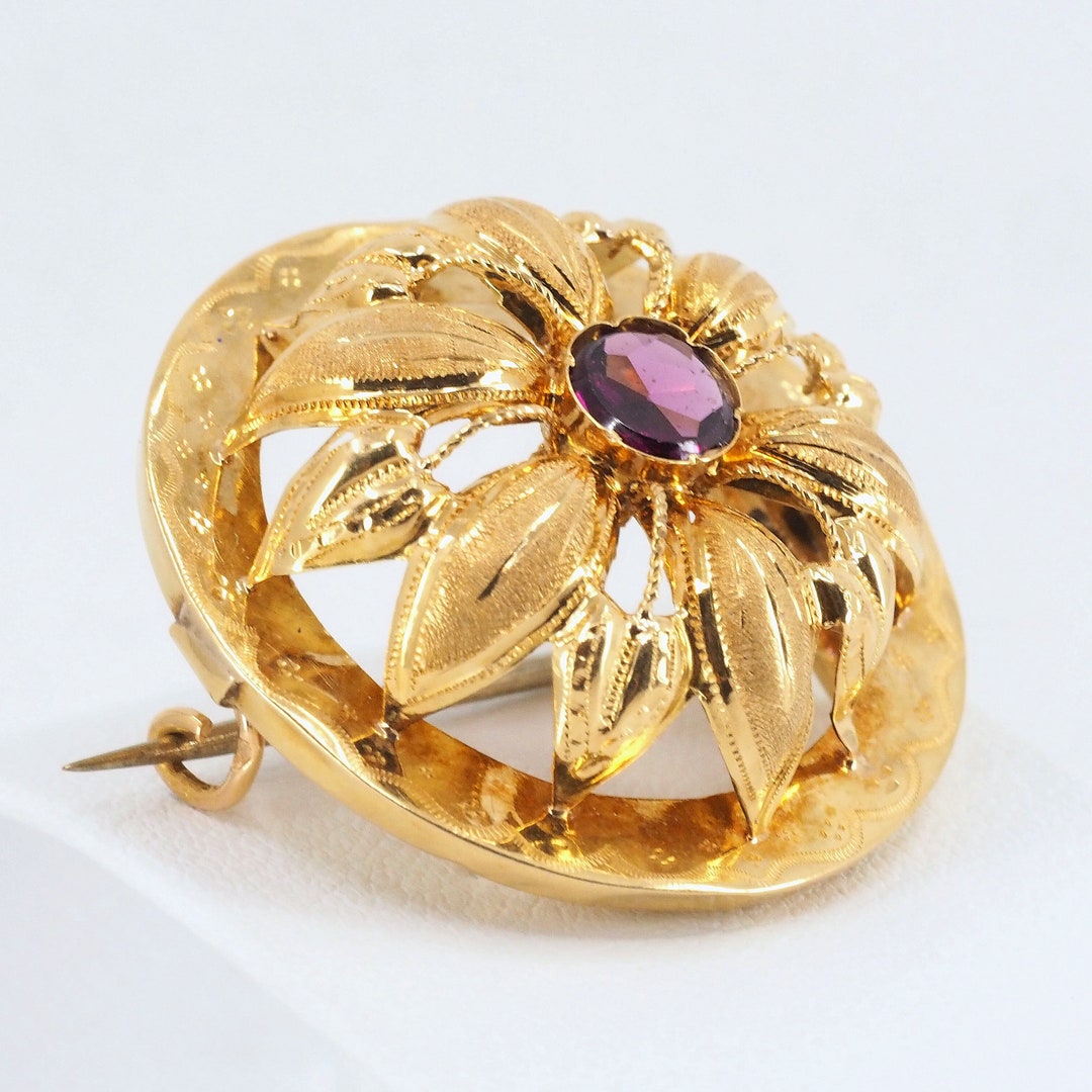 Stamped 18K Solid Gold Brooch Victorian Era Antique Flower Dome Pin Fine Gold Jewellery Purple ...