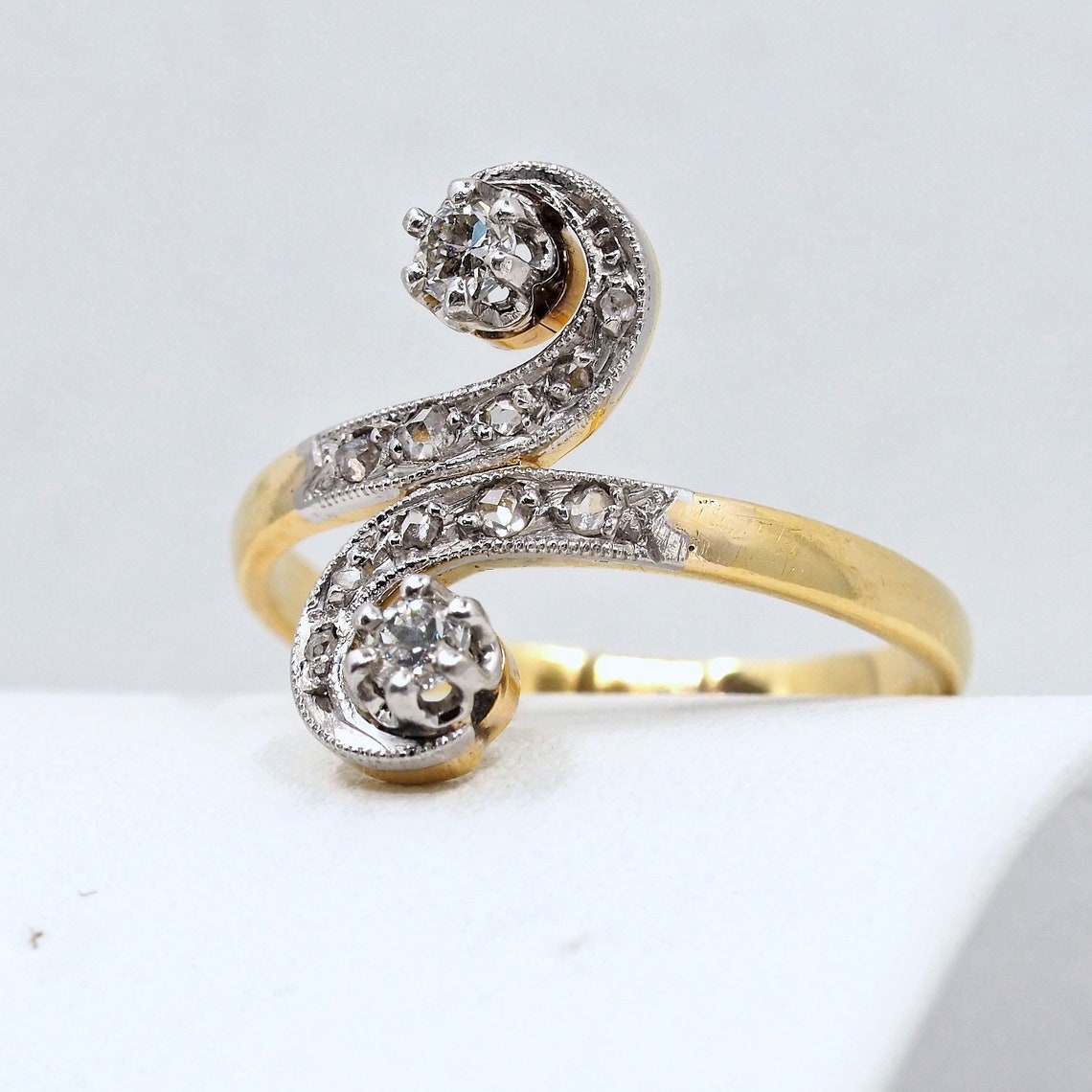 18K Solid Gold Crossover Ring With Natural Diamonds Stamped - Etsy