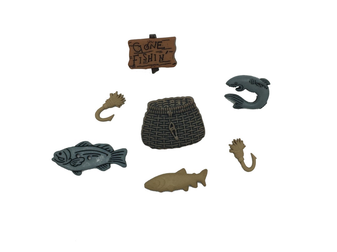 Set of 7 Gone Fishing Theme Buttons | Embellishments | Fun Novelty ...