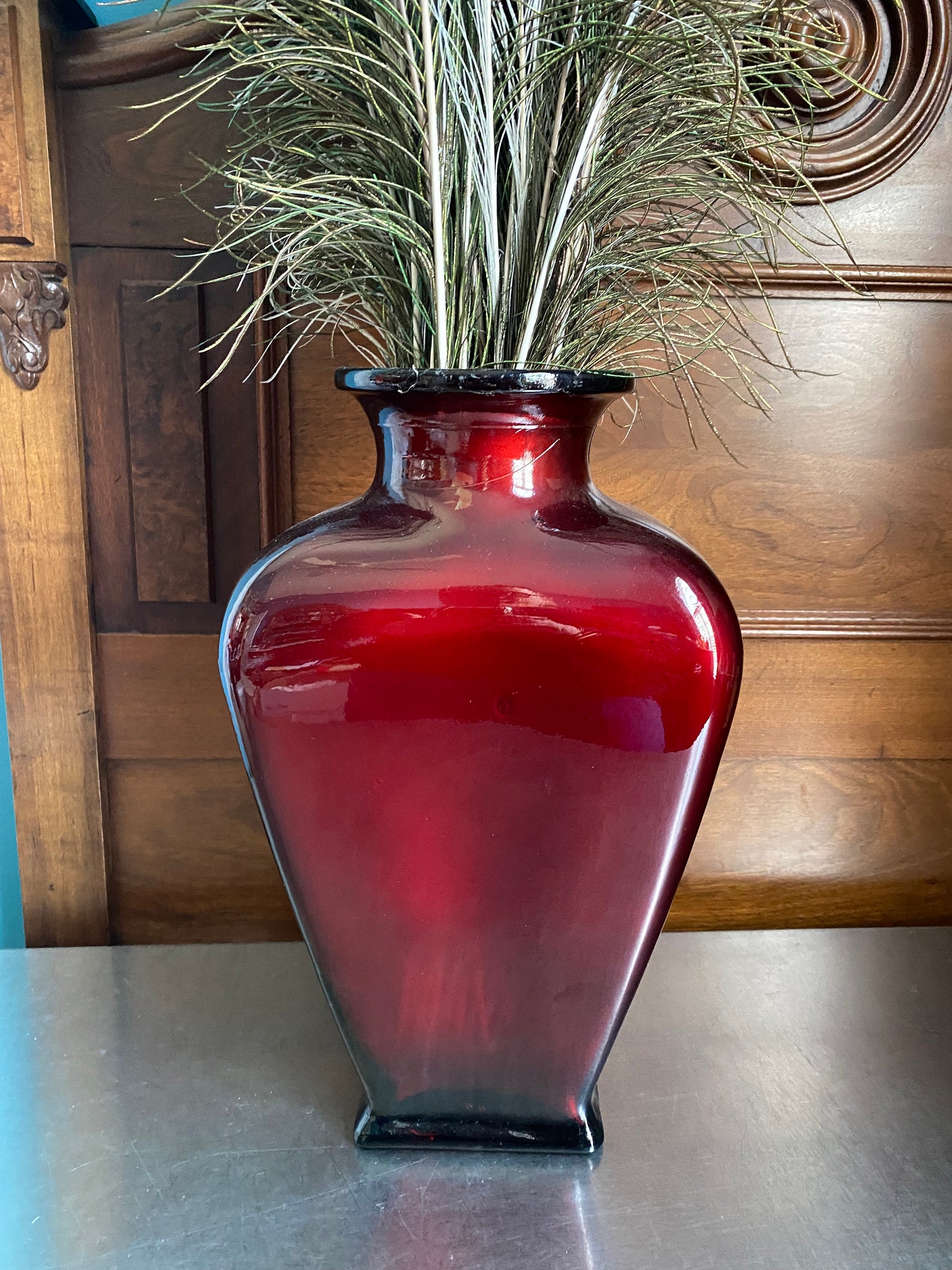 Large Glass Vase Painted Red Made in Spain 16 in Tal - Etsy