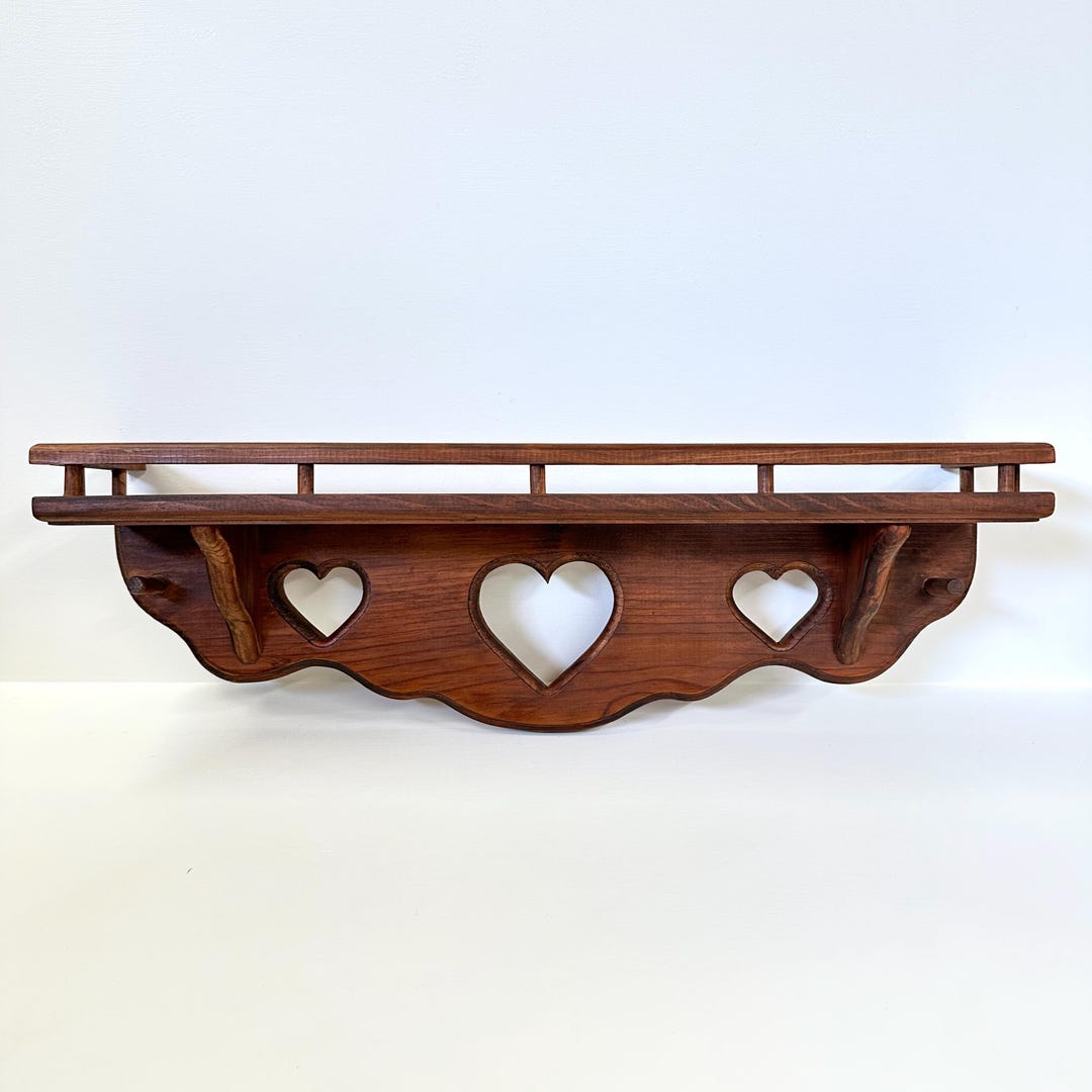 Vintage Wood Shelf With Hearts, Pegs, + Spindled Rail, Handmade ...