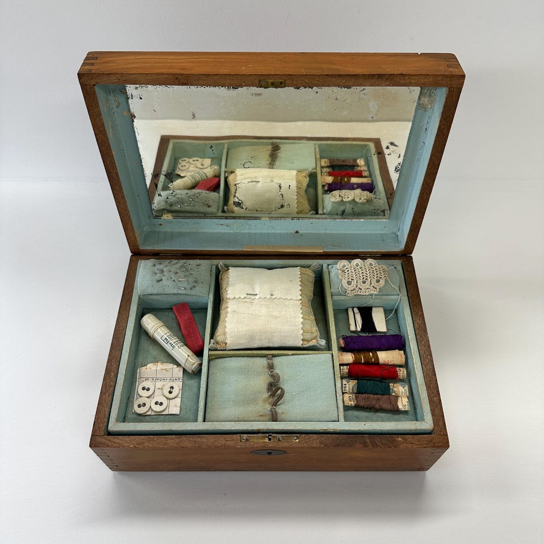 Antique Sewing Box With Hinged Lid, Divided Tray, Mirror, Sewing ...