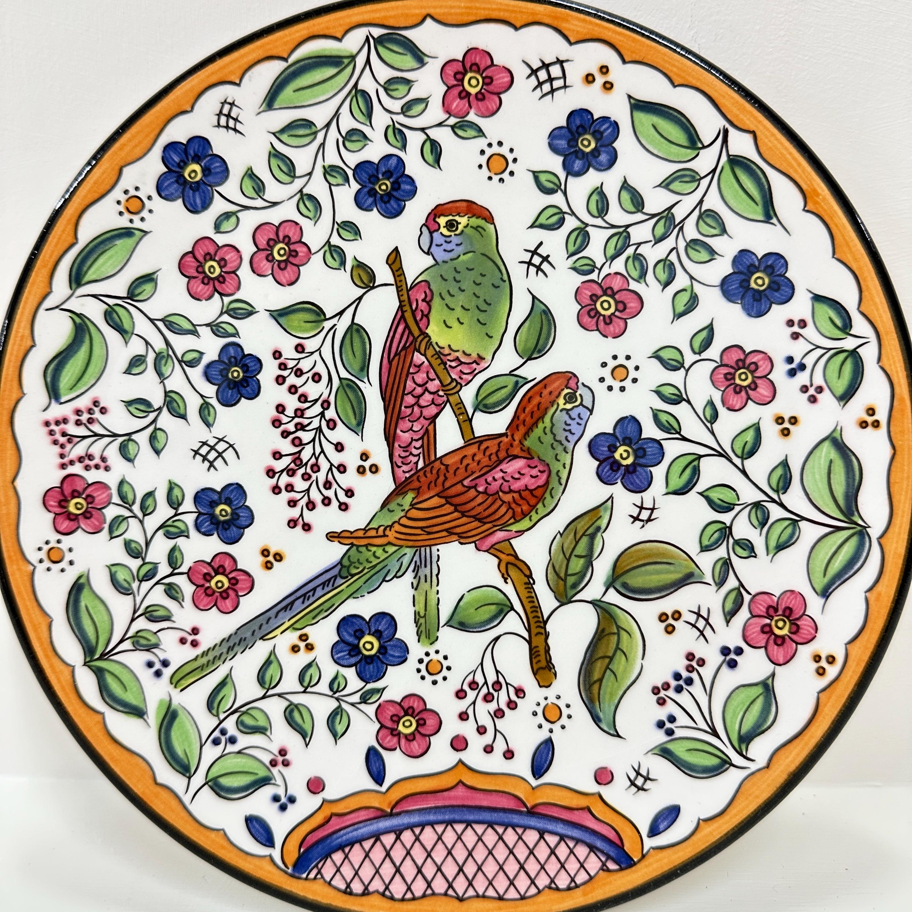 Vintage Spanish Pottery Hanging Wall Plate, Hand Painted Parrots and ...