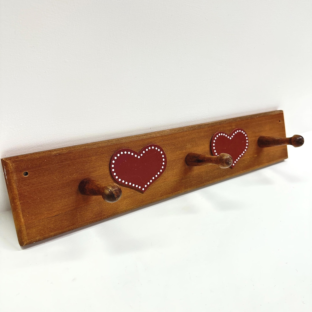 Vintage Wooden Peg Rail With 3 Pegs and Red Hearts, 80s 90s Country ...